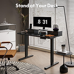 FLEXISPOT Electric Standing Desk with Drawer, Solid One-Piece Adjustable Height Desk with Storage Shelf, Ergonomic Monitor Stand for Computer Laptop (Black Frame/Black Top, 55 inch)