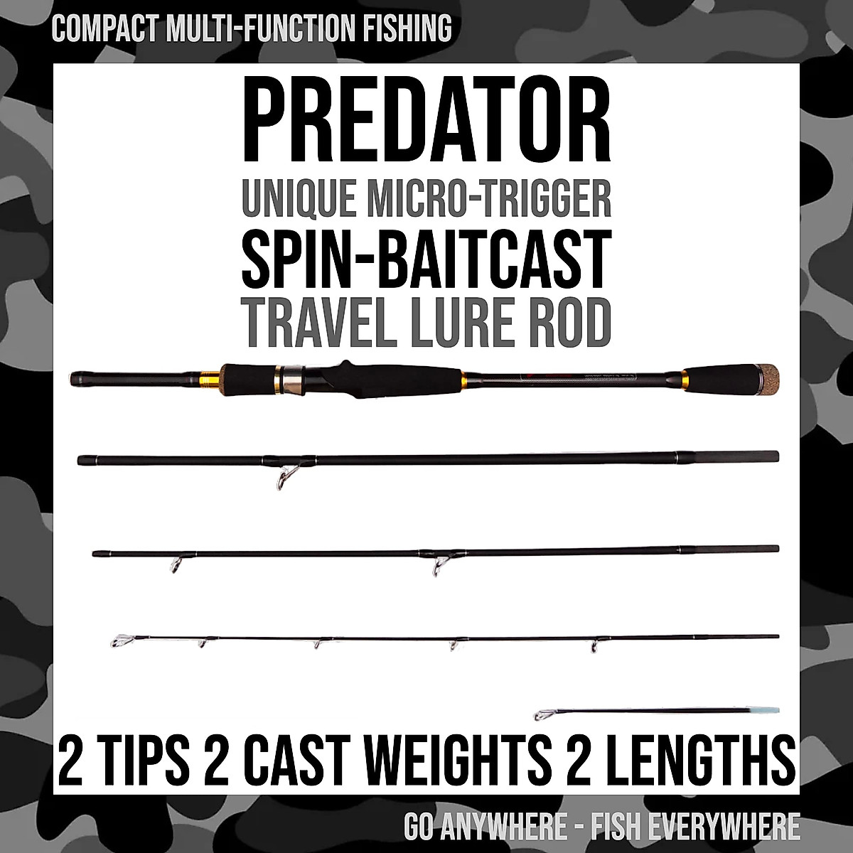 Rigged and Ready Predator Baitcaster Spin Travel Fishing Rod. Hi-Carbon Cast Spinning Pole Unique Micro Trigger +2 Tips 220+185cm (6’+7’3”) Angling Options Max Cast Weight 30g(1oz) 80g(2 3/4oz)