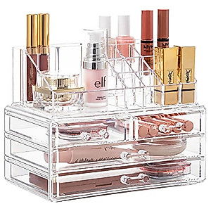 HBlife Acrylic Clear Dustproof Makeup Storage Organizer Drawers Large Skin Care Cosmetic Display Cases for Bathroom Stackable Storage Box with 4 Drawers for Vanity (Clear)