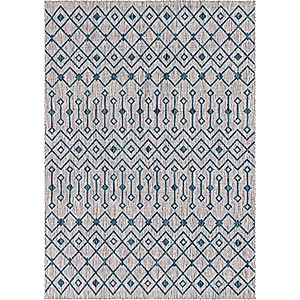 Unique Loom Outdoor Trellis Collection Area Rug - Tribal Trellis (7' 1" x 10' Rectangle, Light Blue/ Ivory)