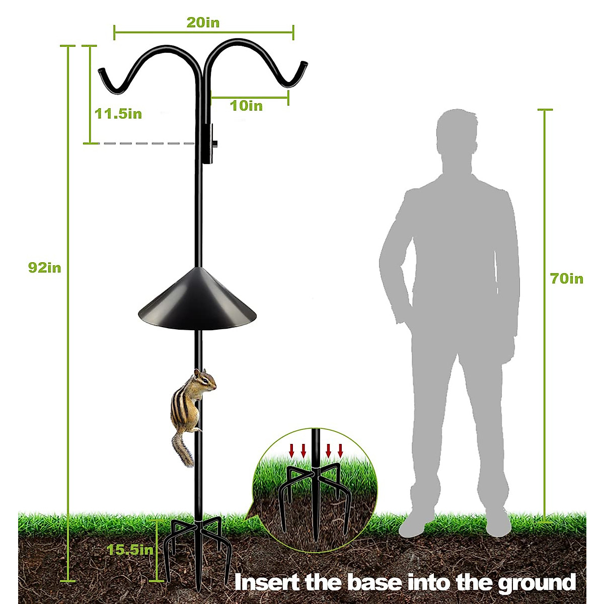 Tuohours 92 Inch Double Shepherd Hook Stand for Outdoor Birdfeeder, Adjustable Two Sided Garden Bird Feeder Pole Holder for Birdhouse Planter Solar Light Lantern, Black, 1 Pack