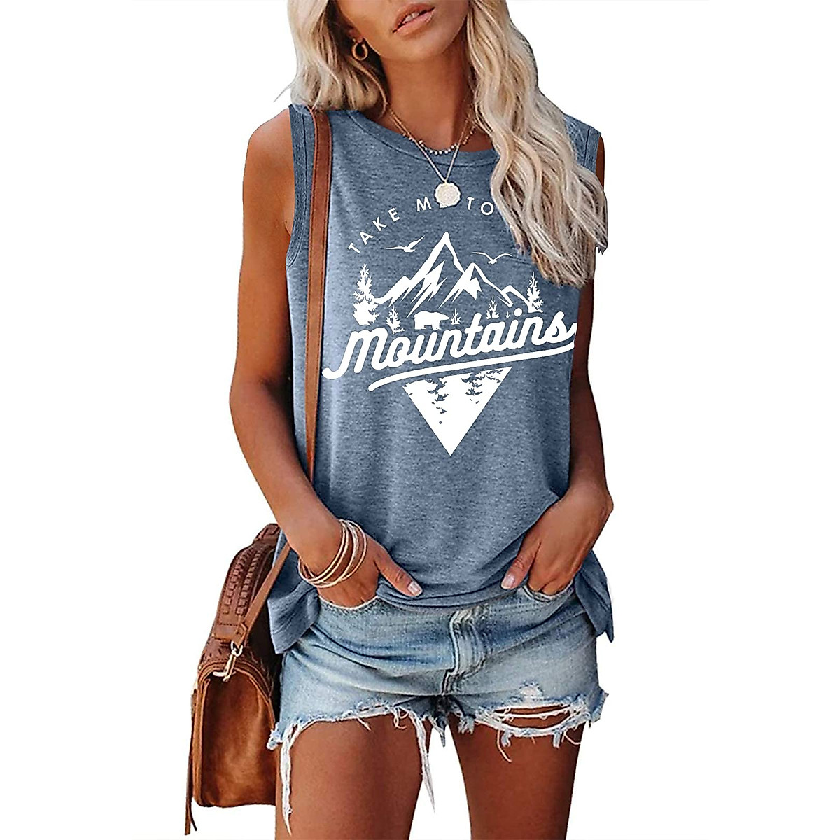 Summer Travel Camping Adventure Tops for Women Casual Girls Trip Mountain Natural Scenery Bear Graphic Tank Tops Cotton Sleeveless Loose Fit Plus Size Top Shirts Blue,XL