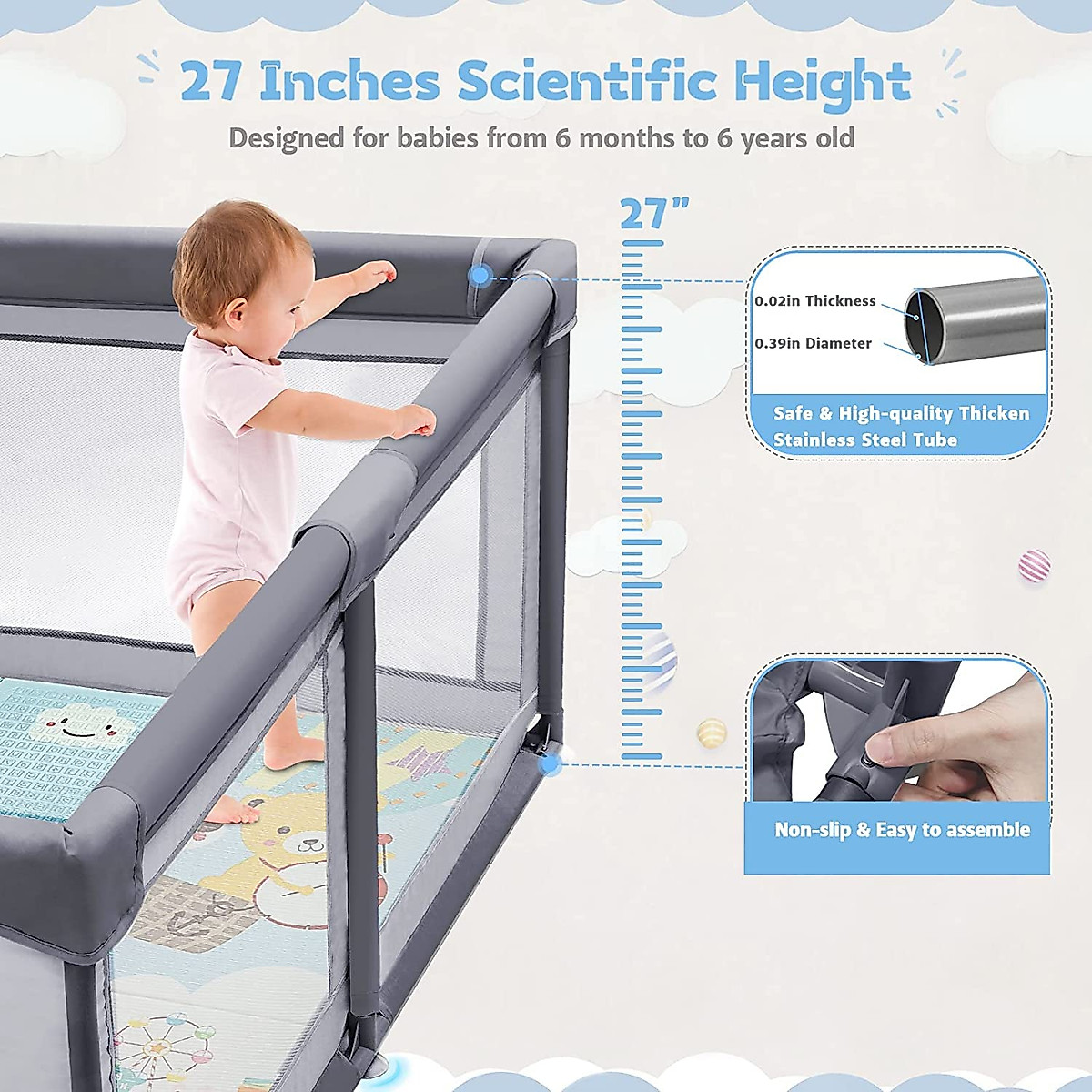 Extra Large Baby Playpen with Mat, playpen with 50 Pit Balls, Shock Absorbing Mat, Anti-Slip Suckers, 81'x65' Baby Play Yard with Gate, Play Pen for Babies and Toddlers Indoor Outdoor (Dark Gray)