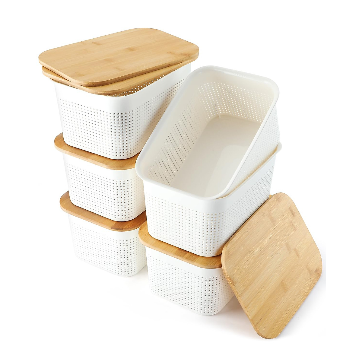 AREYZIN Plastic Storage Bins with Bamboo lids and Stackable Storage Baskets for Shelves - Organize Your Home or Office with These Space-Saving Storage Solution,6 Pack,White