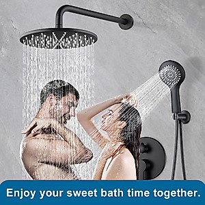 All Metal Black Shower Faucet Set Round Shower Head and Handle Set, Bathroom Rainfall Shower System, Wall Mounted Shower Fixtures, Include Shower Valve and Trim Kit, Matte Black