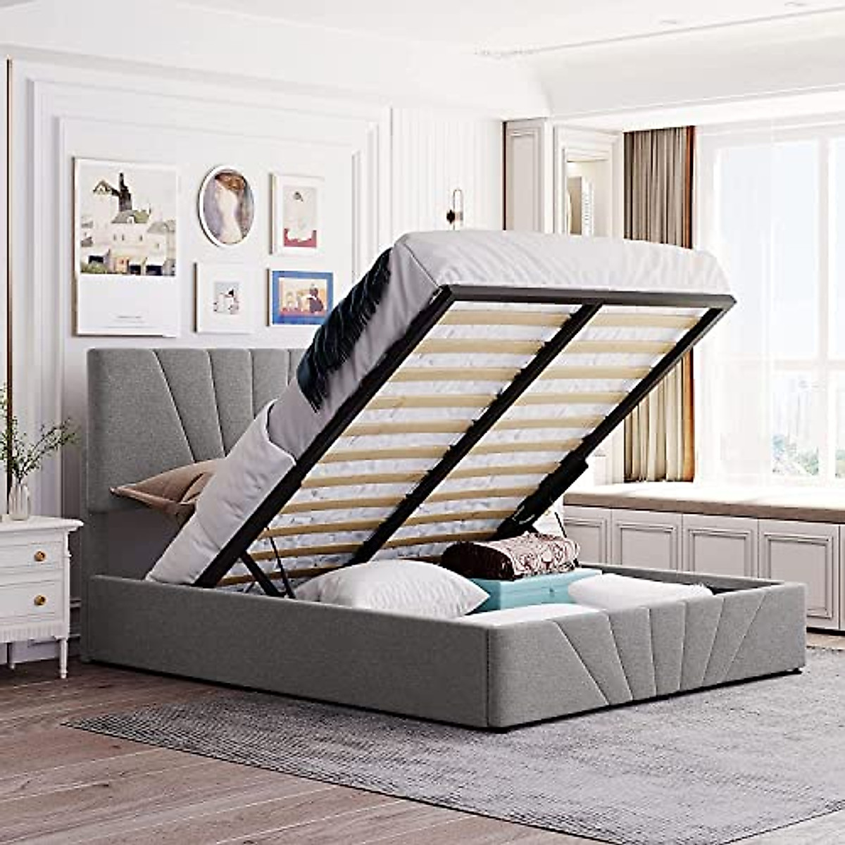 DNYN Queen Size Upholstered Platform Bed with Storage for Kids,Teen,Adults,Study Bedframe w/Wooden Slat Support,No Box Spring Needed & Easy Assembly, Gray
