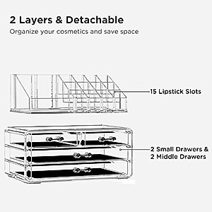 HBlife Acrylic Clear Dustproof Makeup Storage Organizer Drawers Large Skin Care Cosmetic Display Cases for Bathroom Stackable Storage Box with 4 Drawers for Vanity (Clear)
