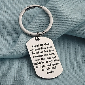 BEKECH Guardian Angel Keychain Angel of God My Guardian Dear Prayer Dog Tag Pendant Keychain Guardian Angel Protect Traveller Gift Religious Baptism Gift (silver)
