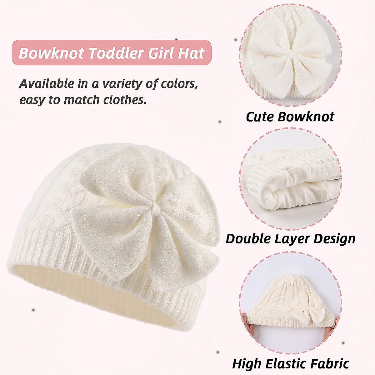 Baby Girl Winter Hat Cute Bow Baby Beanie Warm Knitted Hats for Infant Toddler Girls (White, S)