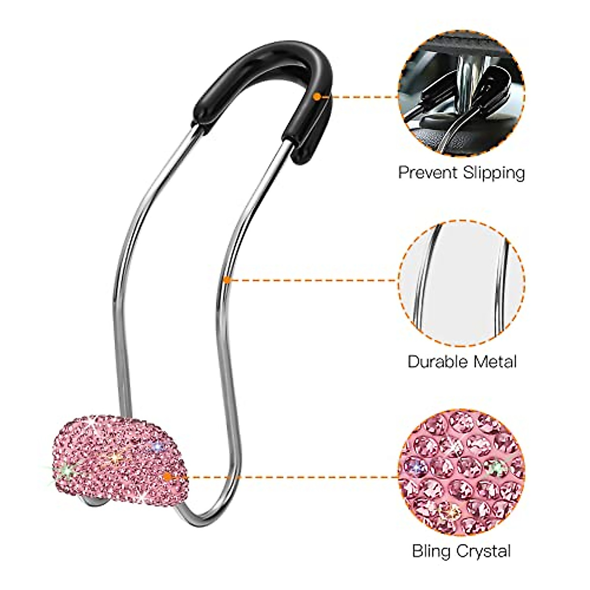 SAVORI Purse Holder for Car, Bling Car Headrest Hooks Organization Rhinestones Auto Back Seat Headrest Metal Hanger Organizer for Bags 2PCS (Pink)