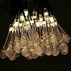 Solar Outdoor String Lights, 21ft 30 U LED Water Drop Fairy String Light Ambiance Lighting for Christmas Wedding Party Landscape Fence Patio Home Garden.