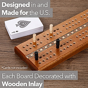 Sterling Games Extra Large Extra Long Cribbage 16" Wooden Game Board 2 Persons Double Track Board with 1/4" Holes and Italian Inlaid, Large Wooden Pegs Great for Seniors and Children