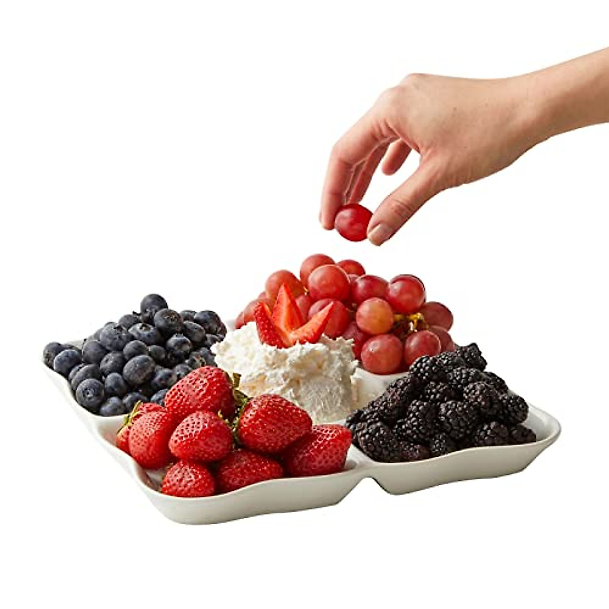 Set of 2 Porcelain Appetizer Serving Trays, 5-Compartment Reusable Divided Platters for Charcuterie Boards, Finger Foods, Fruit, Veggies, Snacks Desserts (9.5x9.5x1 in)