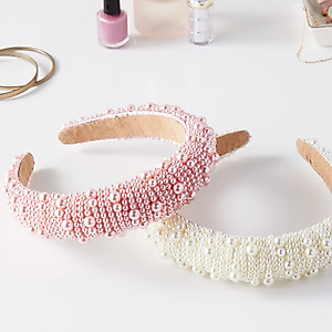 Glamlily 2 Pack Crystal Headbands for Women, Padded Pearl Headband (Light Pink, White)