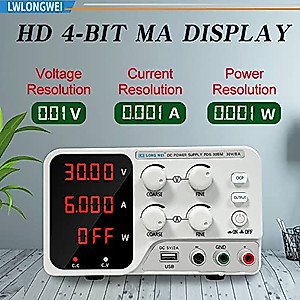 DC Power Supply Variable,30V 6A 180W Adjustable Switching Regulated DC Bench Power Supply with 4-Digits LED Power Display 5V/2A USB Output, Coarse and Fine Adjustments White