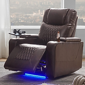 Merax Electric Recliner Chair with USB Charge Port, 360 Swivel Tray Table, Hand in-Arm Storage, and Cup Holders, Ambient Lighting - Ambient Lighting Gaming Recliner Chair Home Theater Seating(Brown)