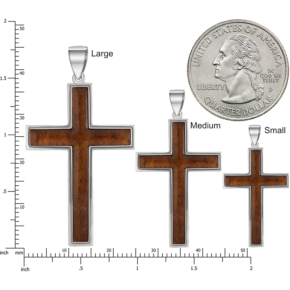 Aloha Jewelry Company Sterling Silver Koa Wood Traditional Cross Necklace Pendant with 18" Box Chain (Small)