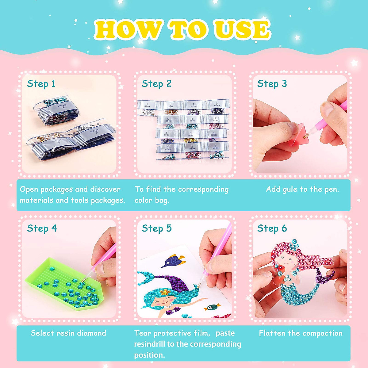 Zonon Mermaid Diamond Painting Kits Arts and Crafts for Kids 5D Diamond Painting Stickers for Kids Boys Girls Toddler Ages 4-6 6-8 8-12