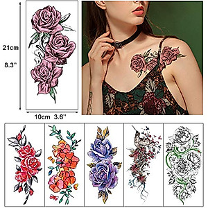 Glaryyears Temporary Tattoos for Women Female, 18-Pack Large Big Fake Tattoos, Long-lasting Flower Tattoos, Floral Design Variety Pack Realistic Tattoos 3D, Sexy for Body Arm Chest Shoulder Thigh