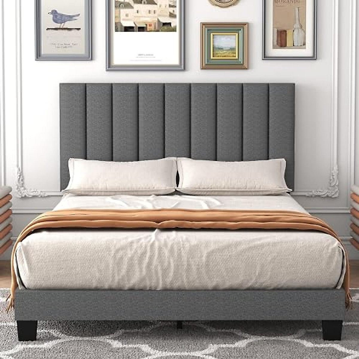 SWISH WEAVERS Queen Size Platform Bed Frame with Headboard, Upholstered Bedframe with Wingback / 12 Solid Wooden Slats/No Box Spring Needed/Noise-Free/Easy Assembly, Light Gray