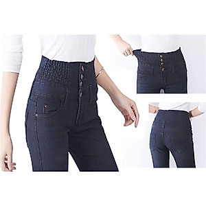 Maiyifu-GJ Women's High Waist Stretch Skinny Jeans Slim Fit 4 Button Denim Pants Solid Color Butt Lifting Jean Trouser (Black,32)