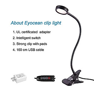 EYOCEAN Clip on Light Reading Lights, Desk Lamps, Eye Protection Kids Desk Lamp with Strong Clamp, Flexible Night Light 3 Modes 9 Dimming Levels(Included AC Adapter) Black
