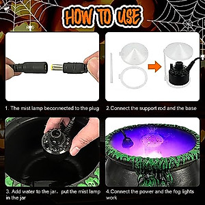Cauldron Halloween Decor 8" Witch Plastic Cauldron with 12 LED Mist Maker & Splash Guard & Glowing Charcoal Base, Perfect for Halloween Party Decoration Witch Cauldron Decor Haunted House Props