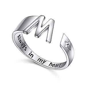 FLYOW 925 Sterling Silver Stacking Initial Letter and Lucky Star Ring Alphabet Adjustable Open Rings Engraved Always in my heart, Great Gift for Women Teen Girls (M)