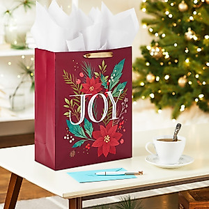 Hallmark 15" Extra Large Christmas Gift Bag with Tissue Paper (Dark Red with Poinsettia Flowers, "JOY") for Mom, Sister, Grandmother, Wife, Teacher, Boss