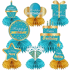 Teal and Gold Birthday Decorations Honeycomb Centerpiece for Women Girls, 8Pcs Breakfast Blue Gold Happy Birthday Table Centerpiece Party Supplies, 16th 21st 30th 40th 50th Birthday Table Topper Decor