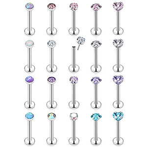 16G Threadless Push in Lip Rings Stainless Steel Labret Jewelry Monroe Lip Rings Nail Cartilage Tragus Helix Earrings Studs Nose Ring Medusa Piercing Jewelry For Women Men 6MM Length 3MM CZ Opal