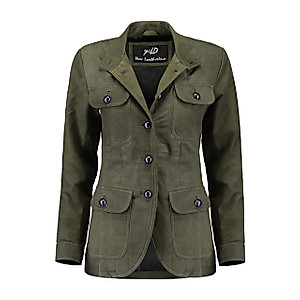 Jild Fancy 5-Button Four Pocket Double Back Slit Leather Blazer Women - Vintage Suede Look Cuff Sleeves Leather Jacket Women (ZC-Green-M)