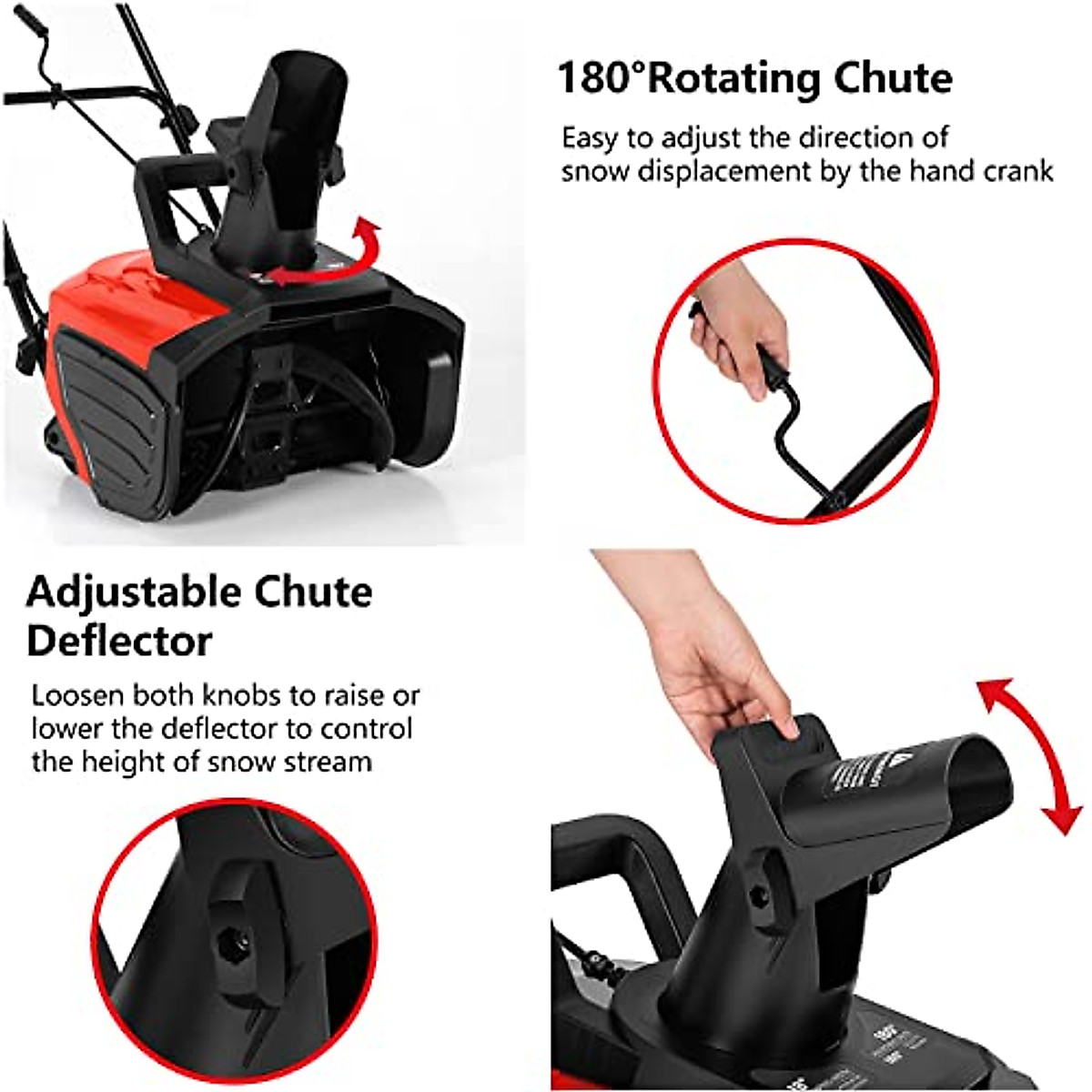 Safstar Snow Blower, Electric Snow Thrower with 180° Chute Rotation & 2 Transport Wheels, 10” Clearing Depth & 18” Width, Power Snow Blower w/30 Feet Throwing Distance, 720Lbs /Minute (Red)