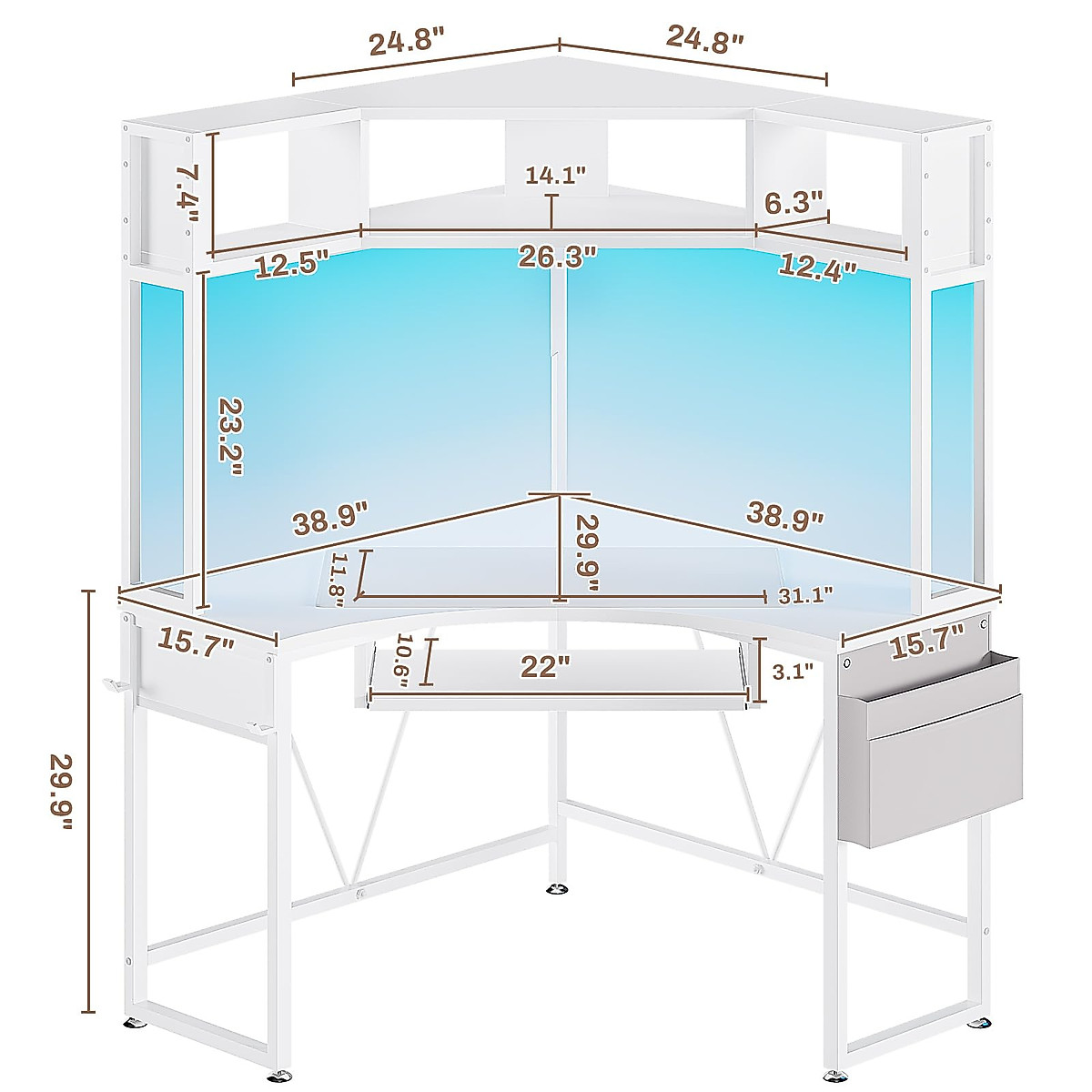 SEDETA Corner Desk, Small Computer Desk with Hutch & LED Lights, Triangle Corner Computer Desk with Keyboard Tray, Storage Bag, and Headphone Hook for Small Space, Small Office Desk, White