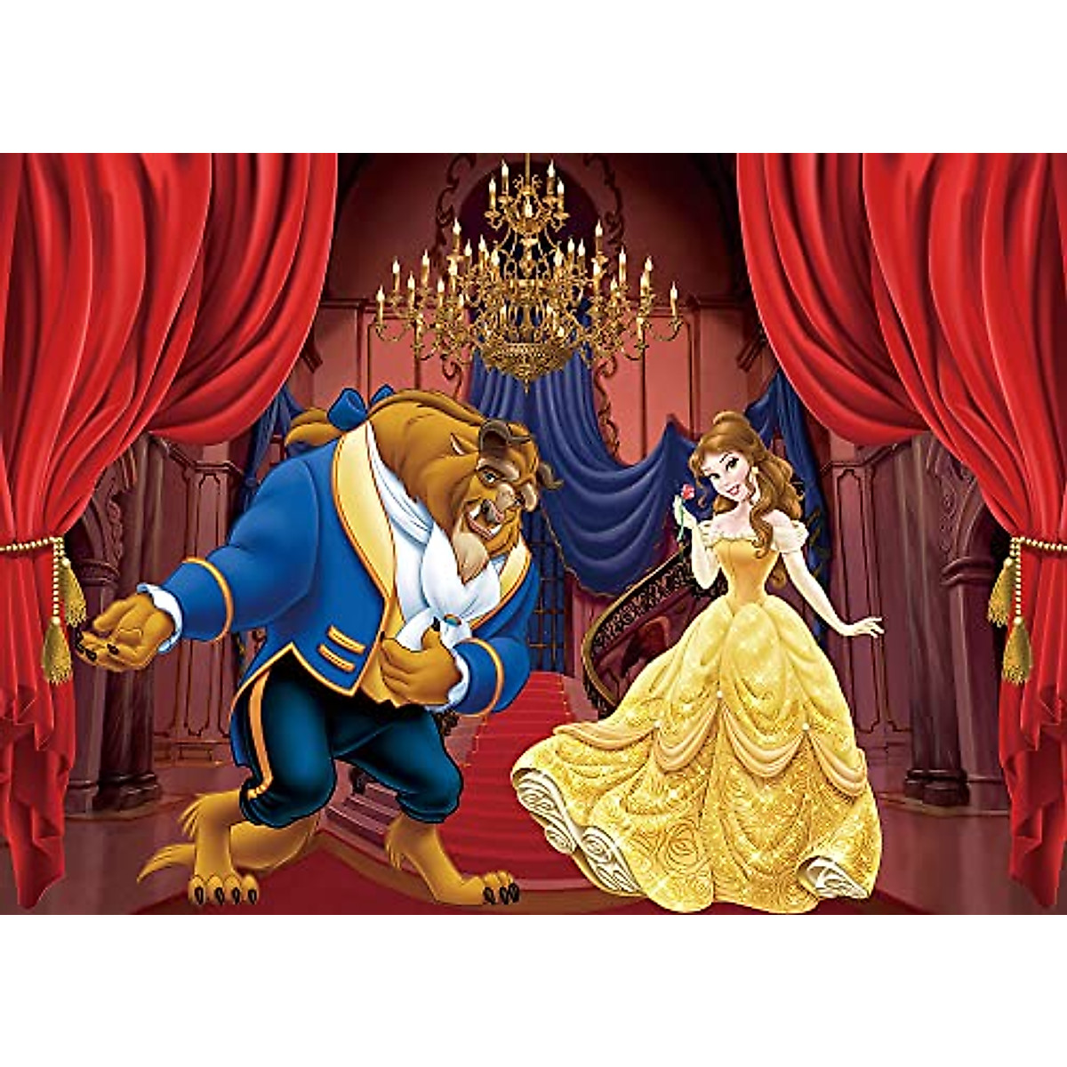 Beauty and The Beast Backdrop Palace Golden Chandelier Red Curtain Photography Background Princess Girl Baby Shower Birthday Party Studio Photo Decoration Props 7x5FT