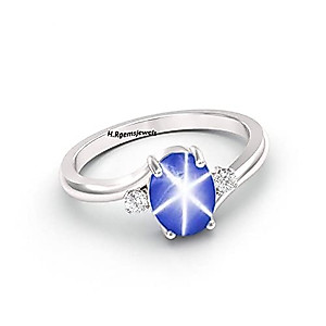 HRG Lindy Star Ring 6 Rays Blue Sapphire Star Ring 7x5mm Oval Cabochon Ring Anniversary Ring Handmade RingSolitaire Ring (Sterling Silver, 6)