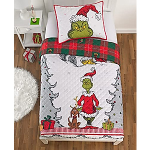 Franco Grinch by Dr. Seuss Holiday Bedding Super Soft Pillow Sham and Quilt Set, Full/Queen Size 76" x 86", (Official Dr. Seuss Product)