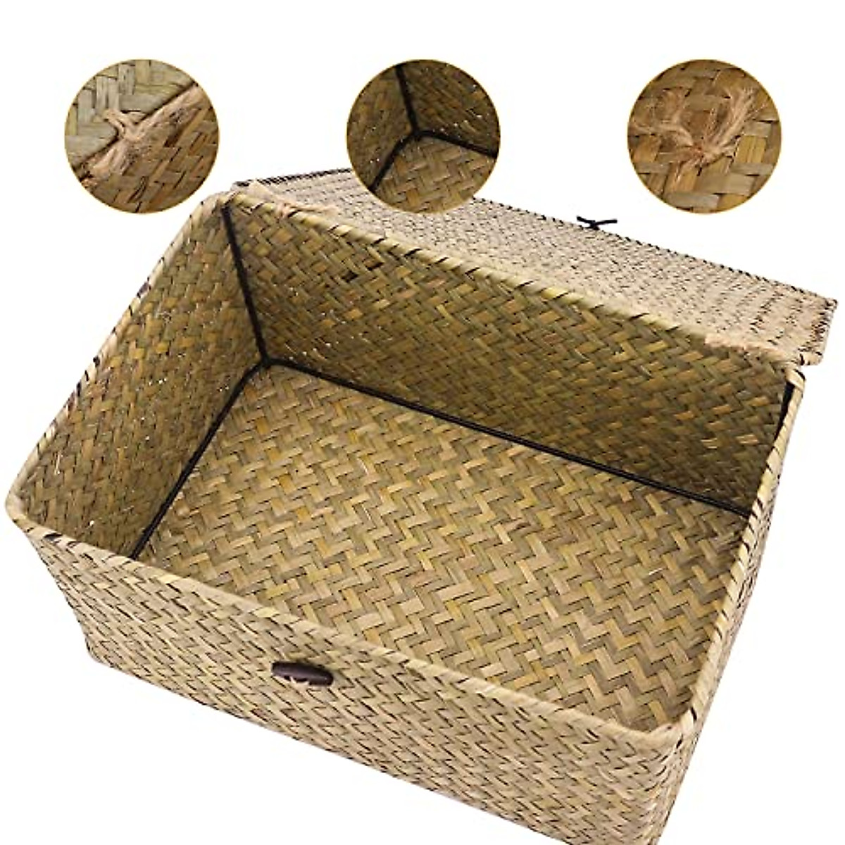 MoYouno Natural Seagrass Storage Baskets with Lid, Seaweed Woven Basket Storage Box Set of 4, Handwoven Seagrass Rattan Storage Box for Home Organizer (little green)