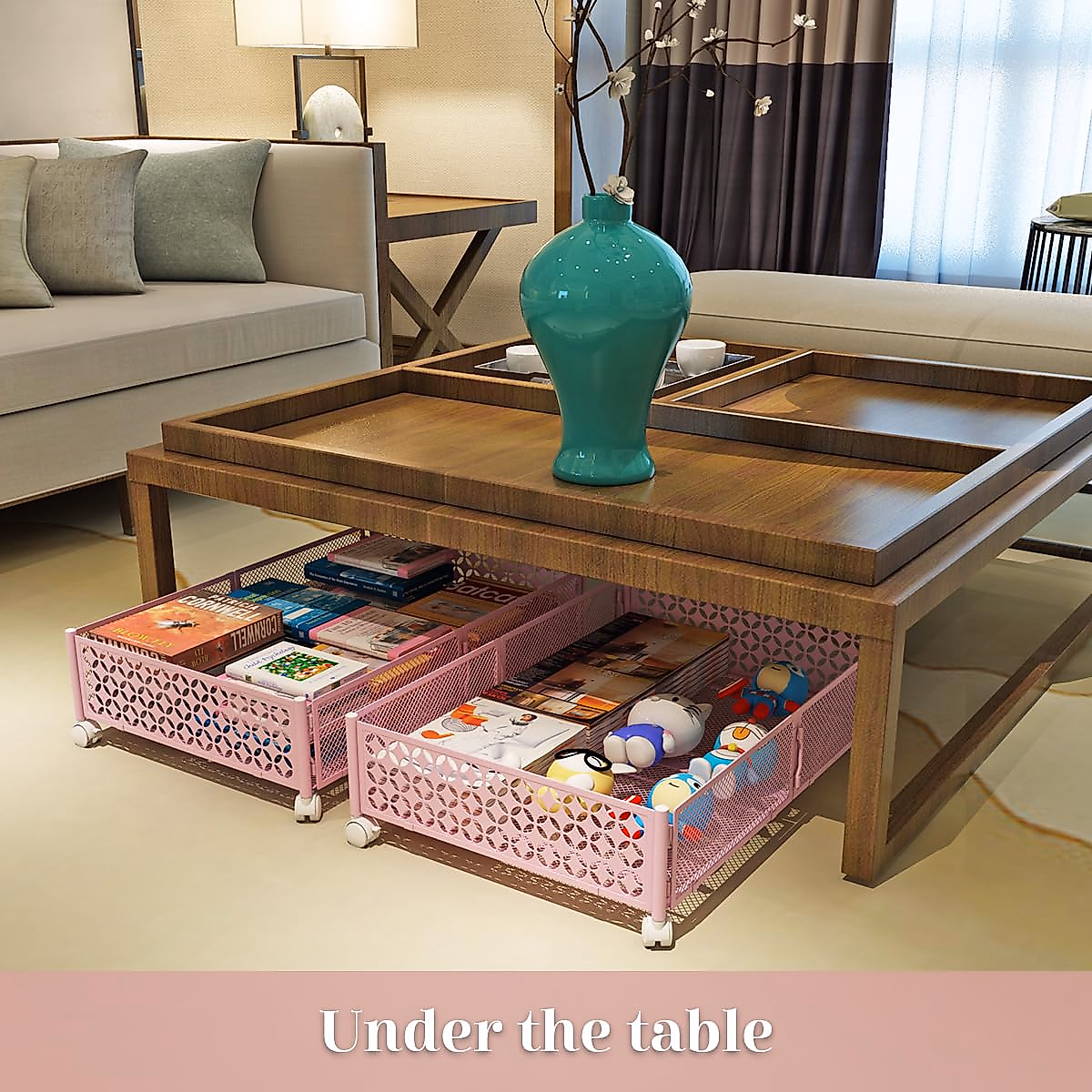 Under Bed Storage with Wheels - 2 pack - Collapsible Underbed Containers Dorm Organizer Bins for Shoe Shoes Clothes Toys - Pink