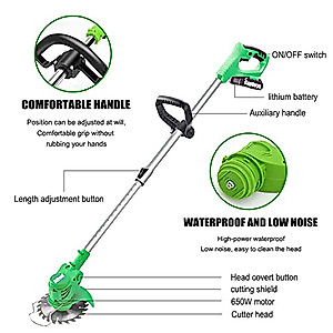 TRUNYAQI String Trimmer Cordless Grass Trimmer Electric Edger Battery Powered Lawn Mower Weed Brush Cutter Kit for Garden, Lawn, Trimming (Green)