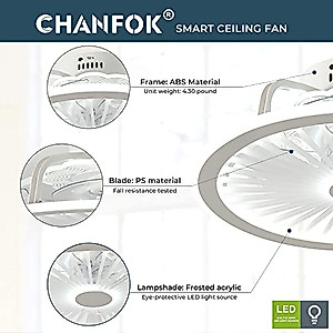 CHANFOK Low Profile Ceiling Fan with Lights, Modern Indoor Flush Mount Ceiling Fan with Remote Control LED Dimming Multi-Speed Invisible Blades Timing 19" (White)