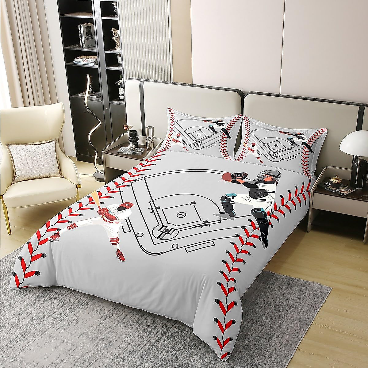 Castle Fairy Baseball Player Comforter Cover Queen Baseball Field Print 100% Organic Cotton Duvet Cover American Sports Ball Game Bedding Sets Red Baseball Texture Bedspread Cover 3 Pieces