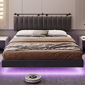 DICTAC Floating King Bed Frame with RGB LED Lights Modern Upholstered King Size Led Bed Frame with Wall Mounted Headboard,No Box Spring Needed,White