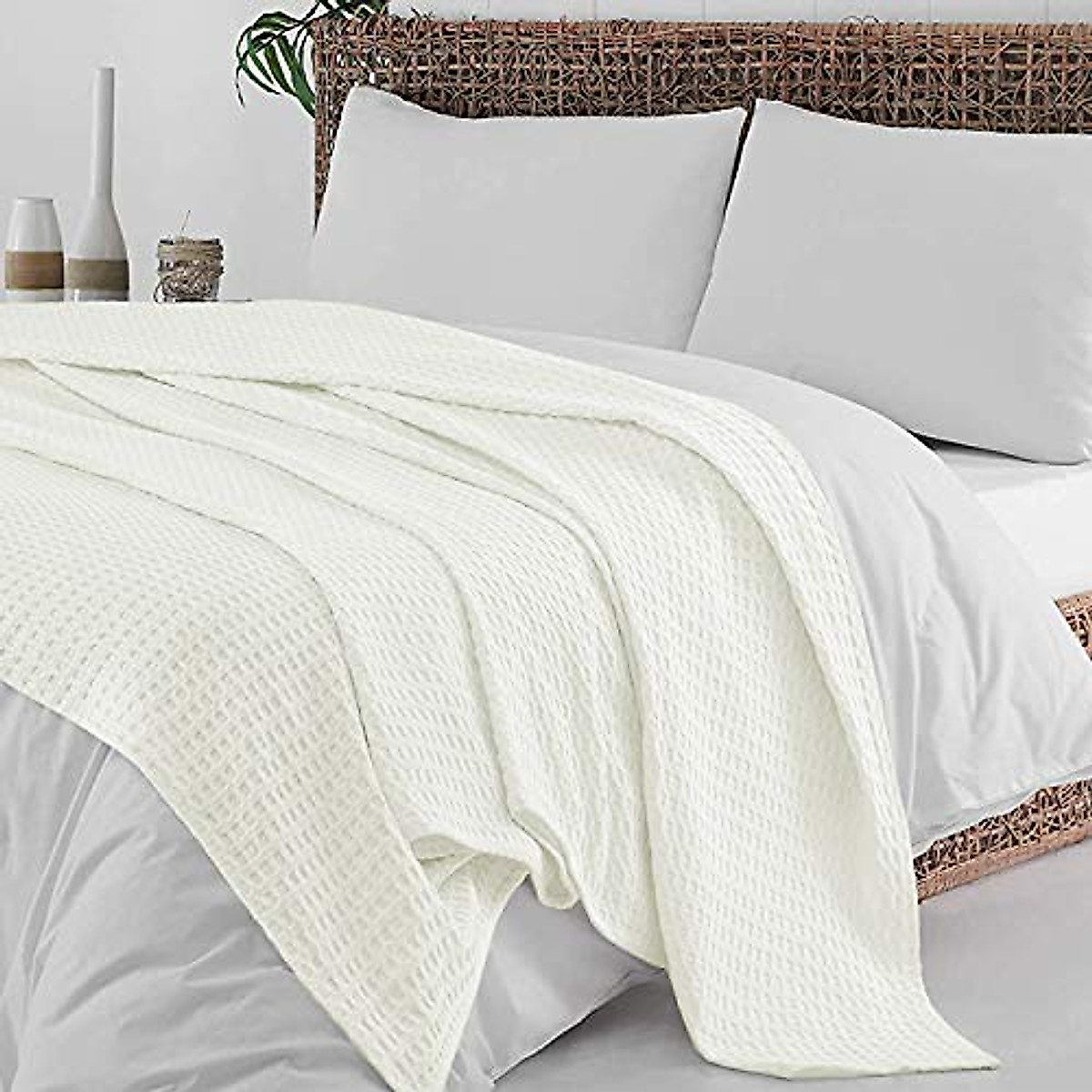 ARlinen 100% Cotton Blankets- Waffle Weave Cotton Blankets- Soft Lightweight Thermal Blankets (Ivory, Full Size)