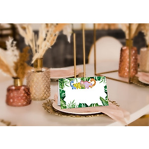 Table Place Card for Baby Shower, 25 Pcs Tent Cards Set with Tropical Palm Leaves Design, Editable Name Cards for Table Seating, Dinosaur Party Food Lables, Safari Jungle Baby Shower Decorations(11)