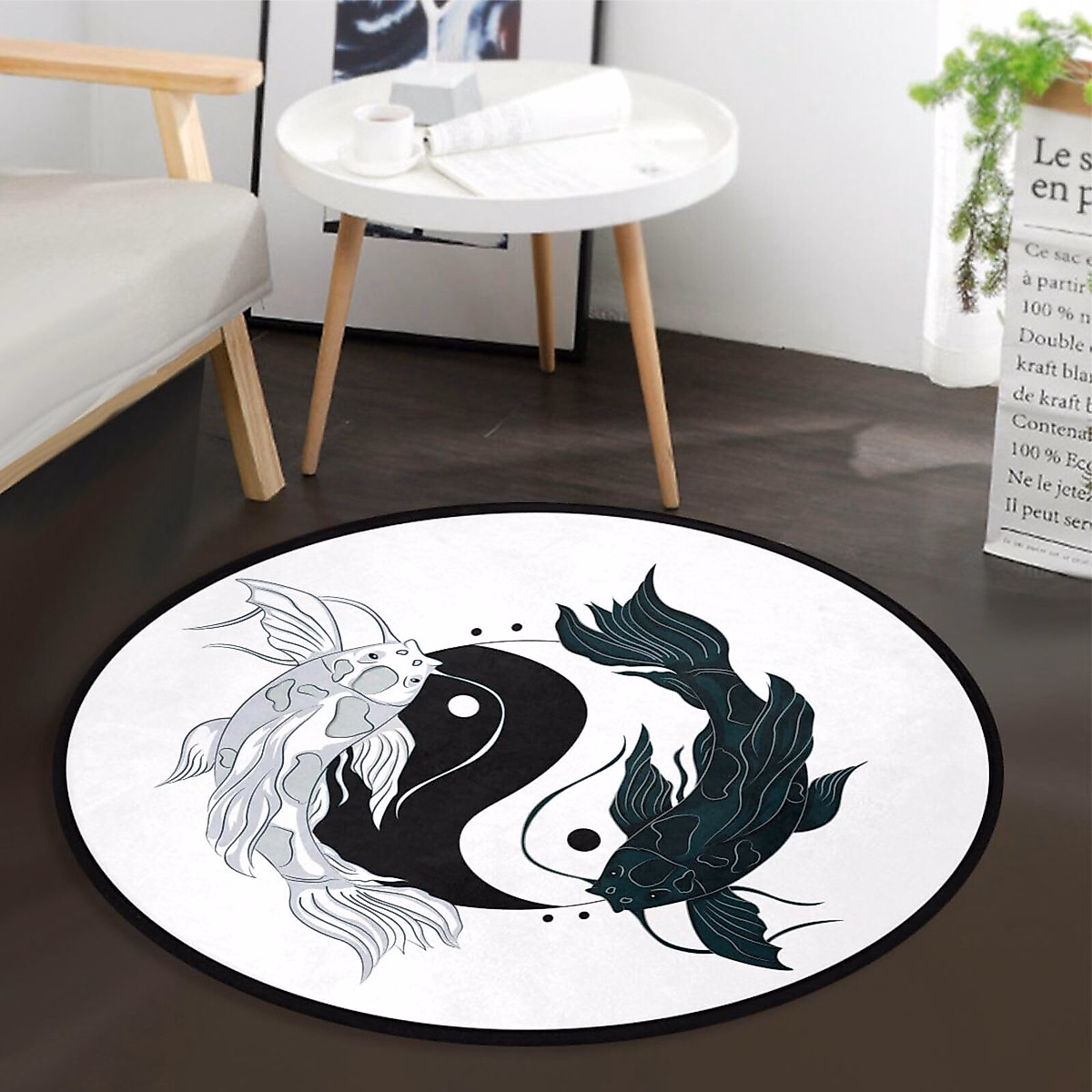 Koi Fish Yin Yang Japanese Area Rug Round 3 ft Washable for Bedroom Living Room Black White Carp Circle Rug Mat Non Slip Carpet Decor Floor Mat for Bathroom Kitchen Dorm