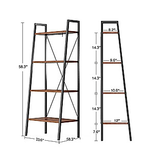 FURNINXS Ladder Shelf Bookcase, Bookshelf 4 Tier, Industrial Standing Shelf Storage Rack Storage Organizer Plant Stand, Steel Frame Book Shelf for Living Room/Bedroom/Kitchen/Bathroom - Red Brown