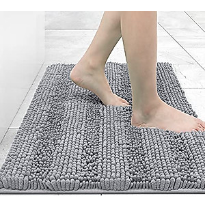 Grandaily Chenille Striped Bathroom Rug Mat, Extra Thick and Absorbent Bath Rugs, Non-Slip Soft Plush Shaggy Bath Carpet, Machine Wash Dry, Bath Mats for Bathroom, 16x24, Grey