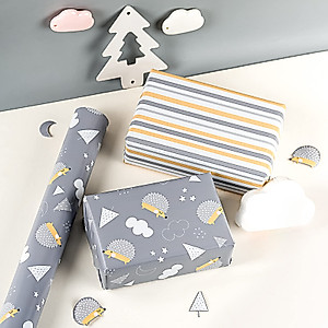 WRAPAHOLIC Reversible Baby Shower Wrapping Paper - Mini Roll - 17 Inch X 33 Feet - Cute Hedgehogs and Stripes Design for Birthday, Holiday, Party