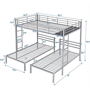 Oudiec Triple Bunk Bed,Full Over Twin&Twin Size Bunk Bed with Built-in Shelf&Ladders,L-Shaped Bunk Bed with Full-Length Guardrails, Space-Saving, Noise-Free, Silver